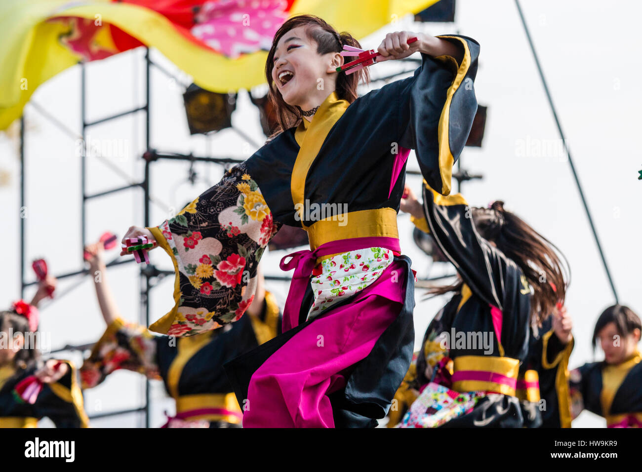 Yosakoi dance Festival. Smiling child, girl, dancing in black and ...