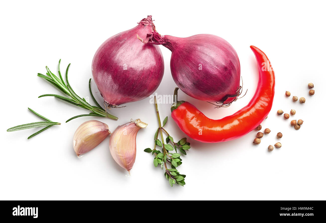 Composition of red onions, garlic and various spices isolated on white ...