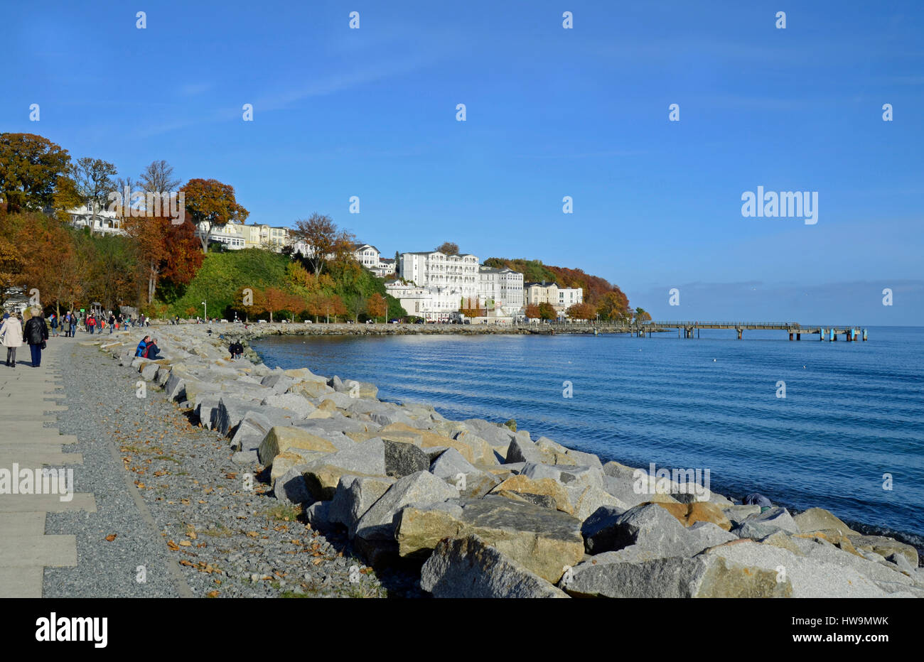 Promenade and old town with seabridge, Sassnitz, Ruegen Island Stock ...