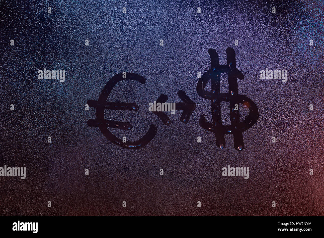 Euro to dollar exchange sign draw on fog window. Change market symbol ...