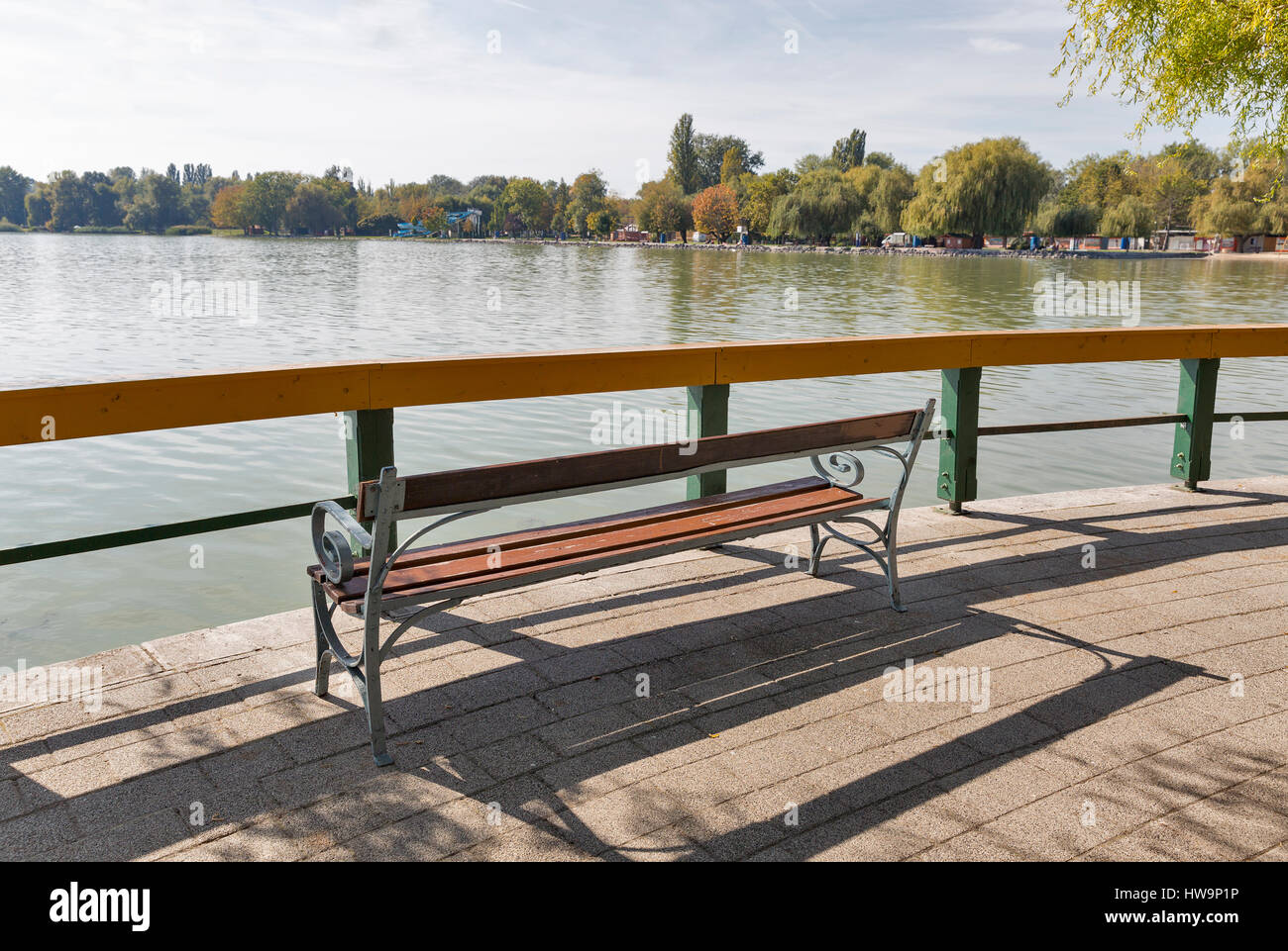 Tanning area with bench on bath island Szigetfurdo on the lake Balaton ...