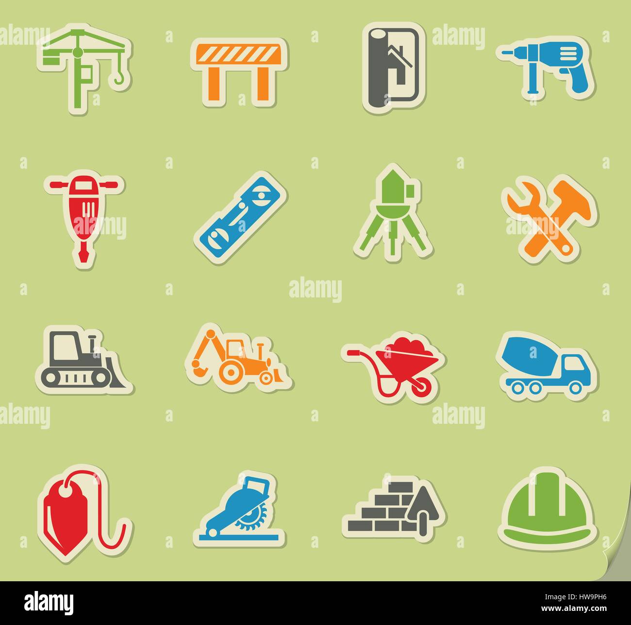 construction web icons on color paper stickers for user interface Stock ...