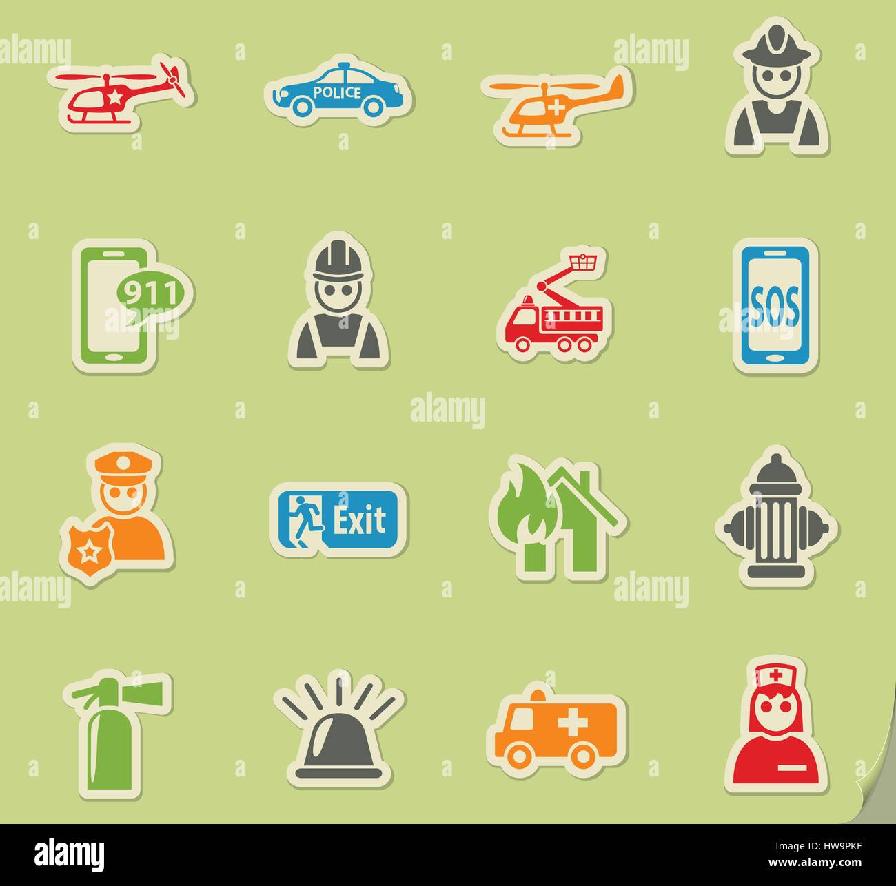 emergency web icons on color paper stickers for user interface Stock ...