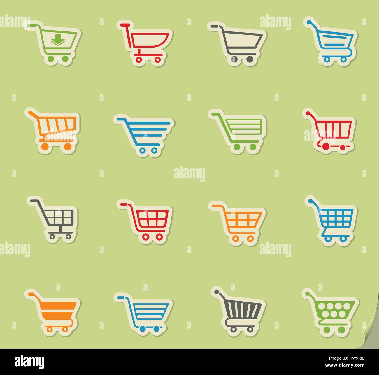 shopping cart web icons on color paper stickers for user interface ...