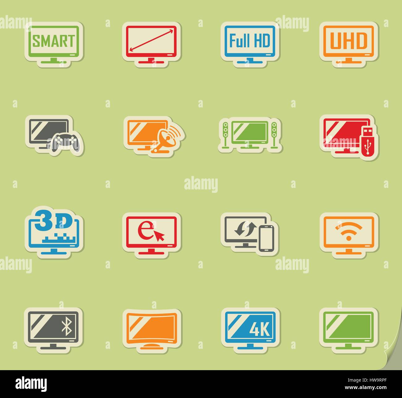 smart tv web icons on color paper stickers for user interface Stock ...