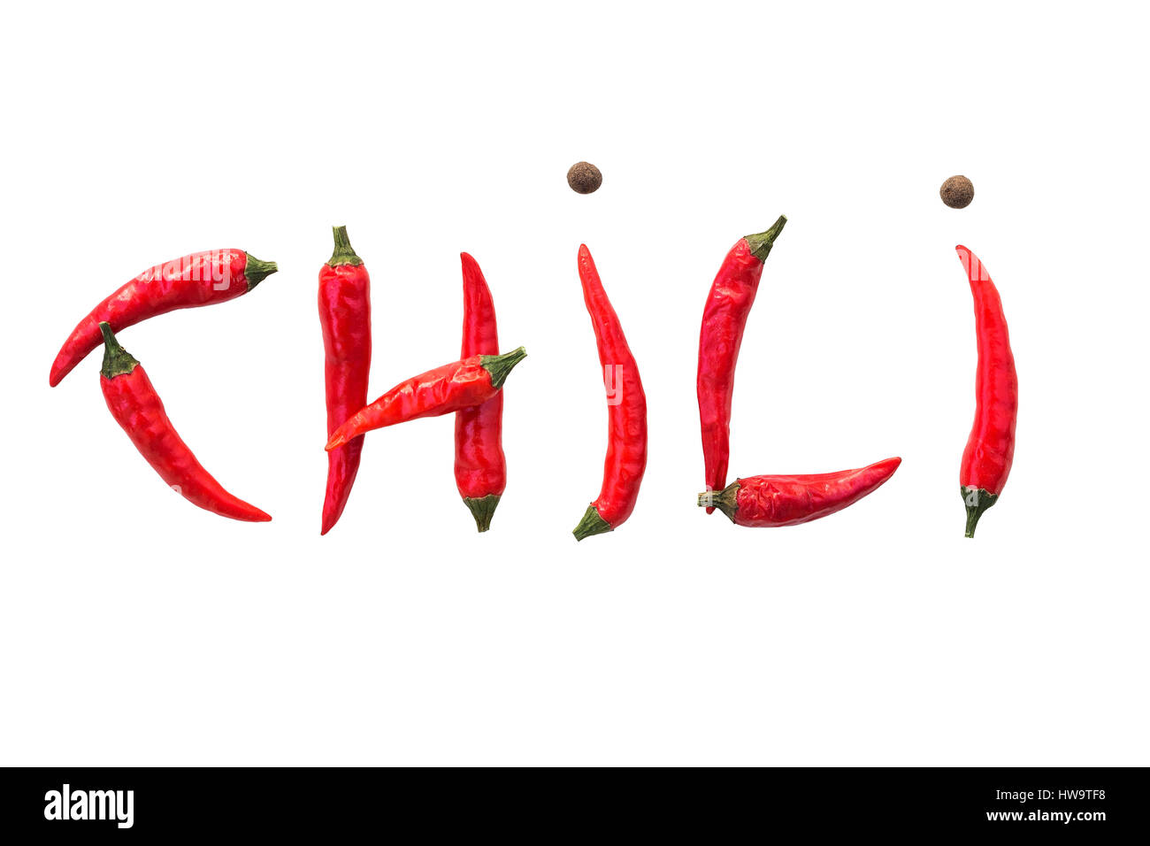 The word CHILI from fresh red chili peppers and dried black peppers on ...