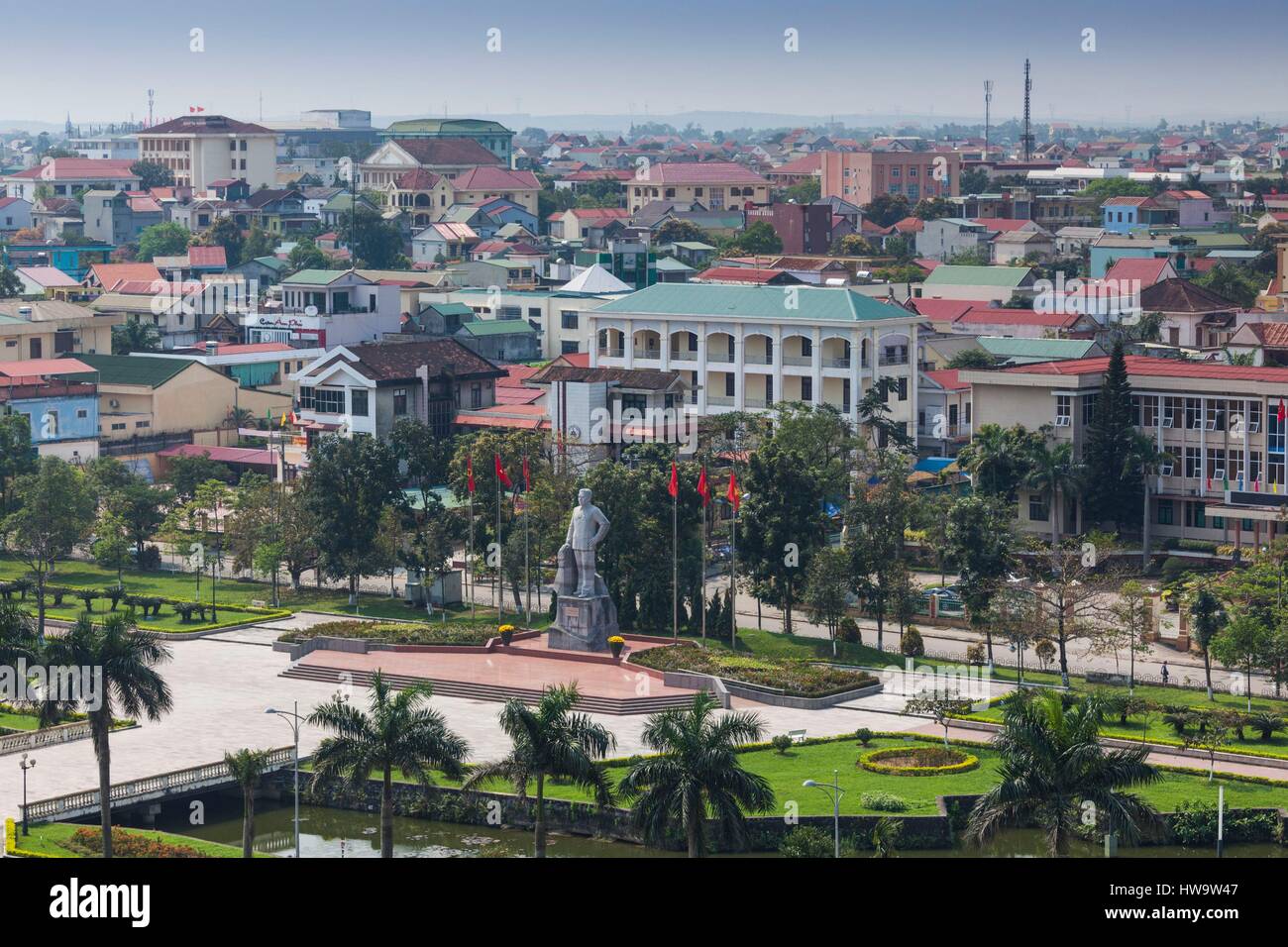 Vietnam, DMZ Area, Dong Ha, elevated city view, with Ho Chi Minh statue ...