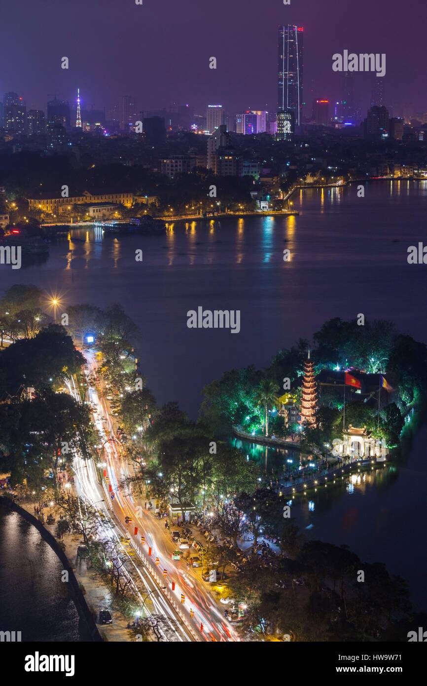 Vietnam, Hanoi, elevated city view by Tay Ho, West Lake, dusk Stock ...