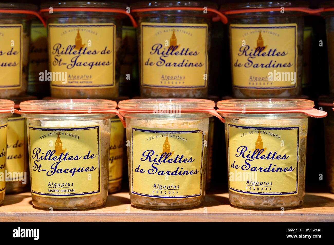 France, Finistere, Iroise Sea, Roscoff, jars of rillettes sardines ...