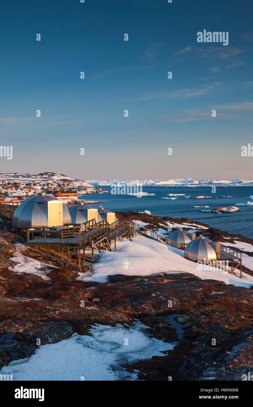 Greenland, Disko Bay, Ilulissat, waterfront igloo houses Stock Photo ...