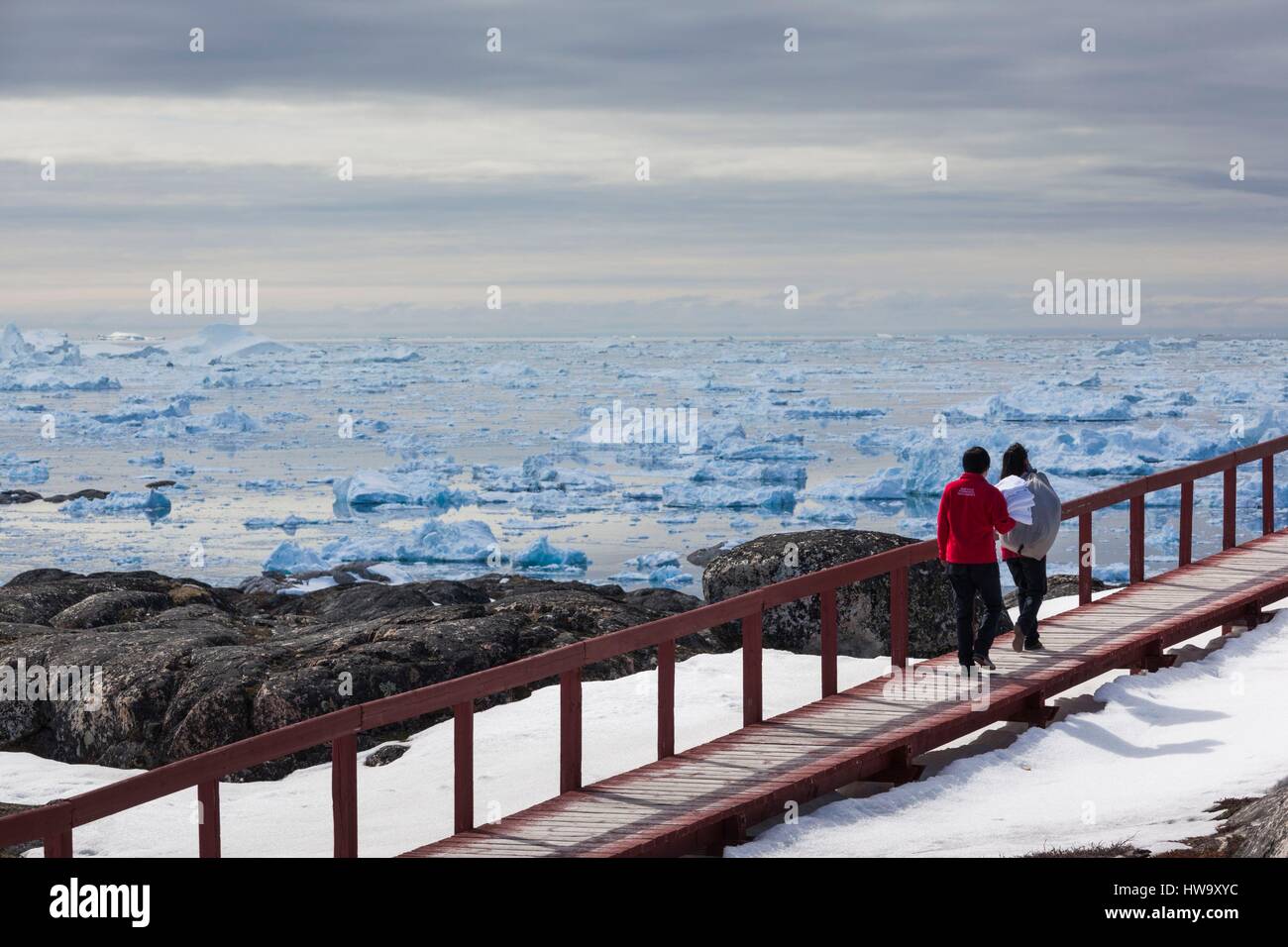 Greenland, Disko Bay, Ilulissat, elevated bay side walkway Stock Photo ...