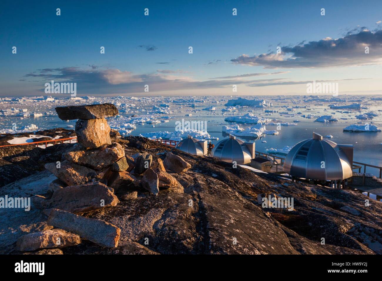 Greenland, Disko Bay, Ilulissat, waterfront igloo houses Stock Photo ...