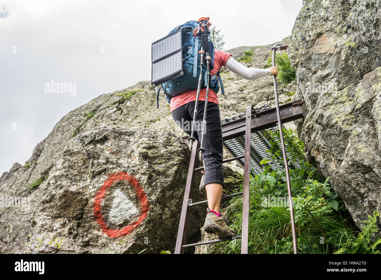 Female hiker climbs a ladder on the Tour du Mont Blanc hiking trail in ...