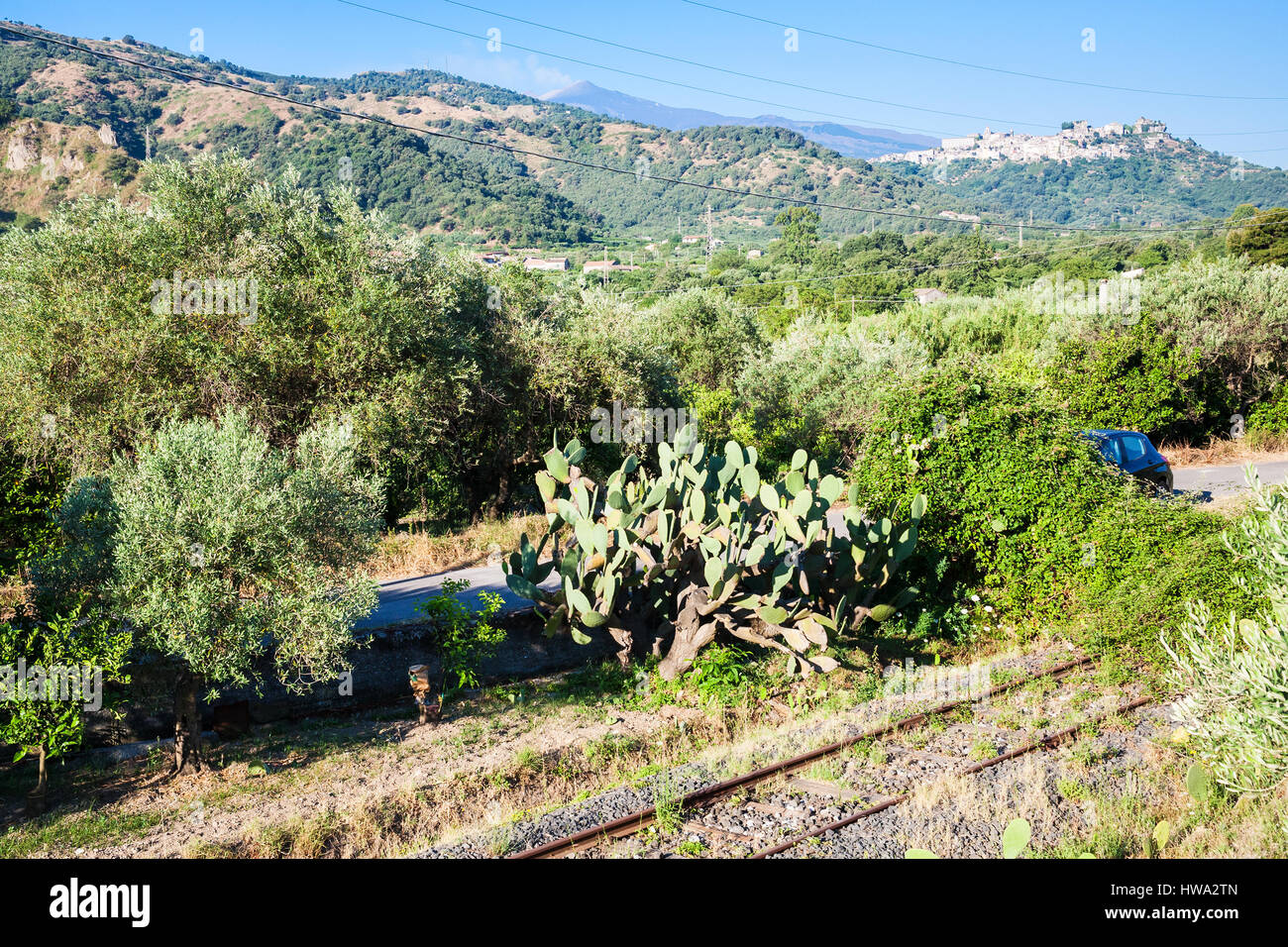 travel to Italy - rural landscape with old rail road in Sicily Stock ...