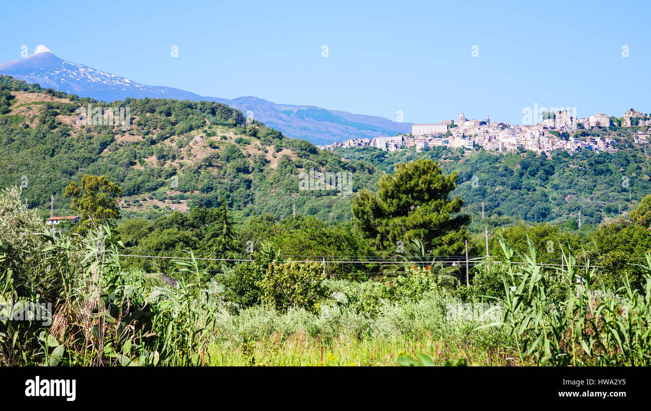 travel to Italy - view of countryside in Sicily with green gardens ...