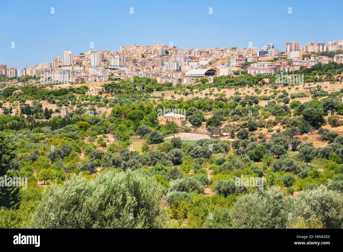 travel to Italy - fruit gardens and view of Agrigento town from Valley ...