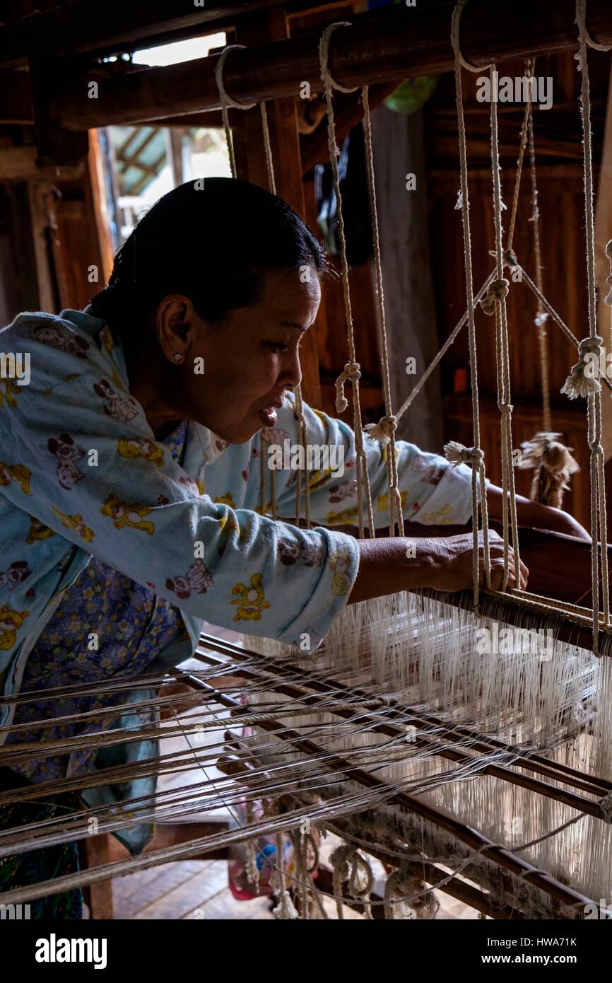 Burma, Myanmar, Shan state, Inle Lake, In Phaw Khone, silk weaving ...