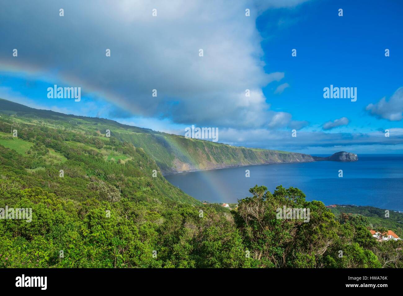 Portugal, Azores archipelago, Faial island, rainbow over Varadouro ...