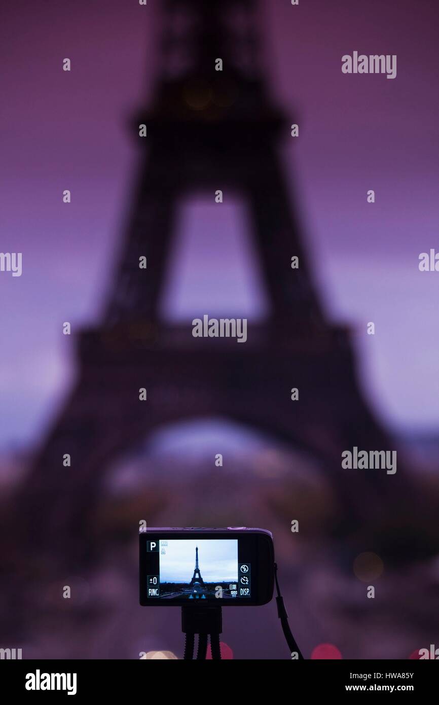 France, Paris, Eiffel Tower photographed with digital camera, dawn ...