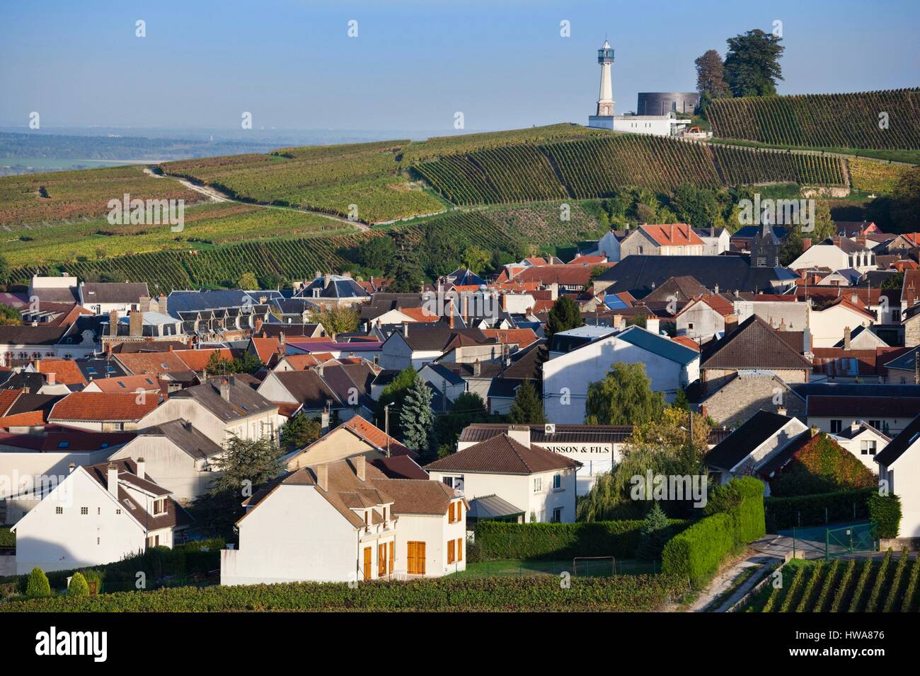 France, Marne, Verzenay, Musee de la Vigne lighthouse and town Stock ...