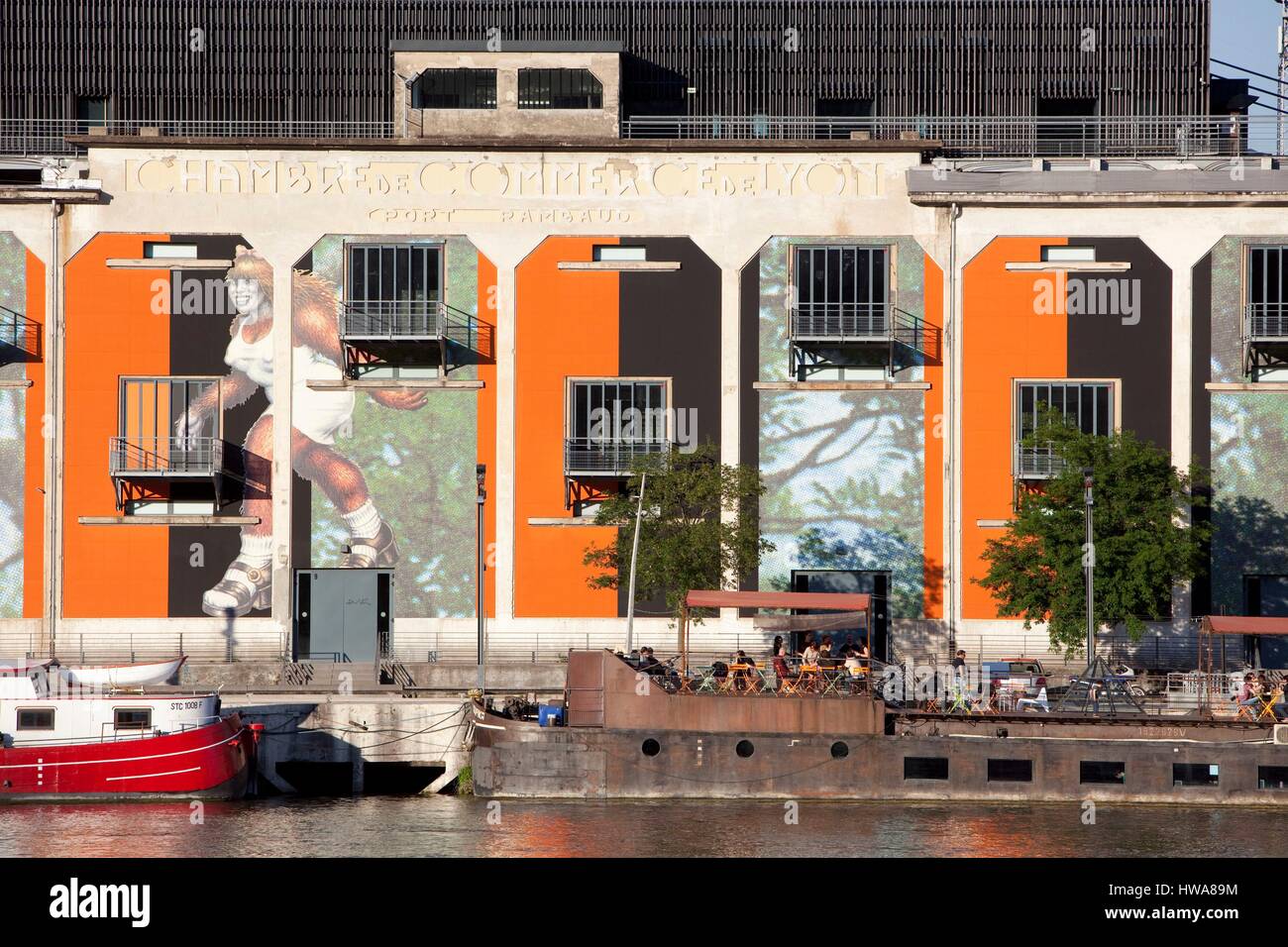 France, Rhone, Lyon, Confluences District, bar on a barge along the ...