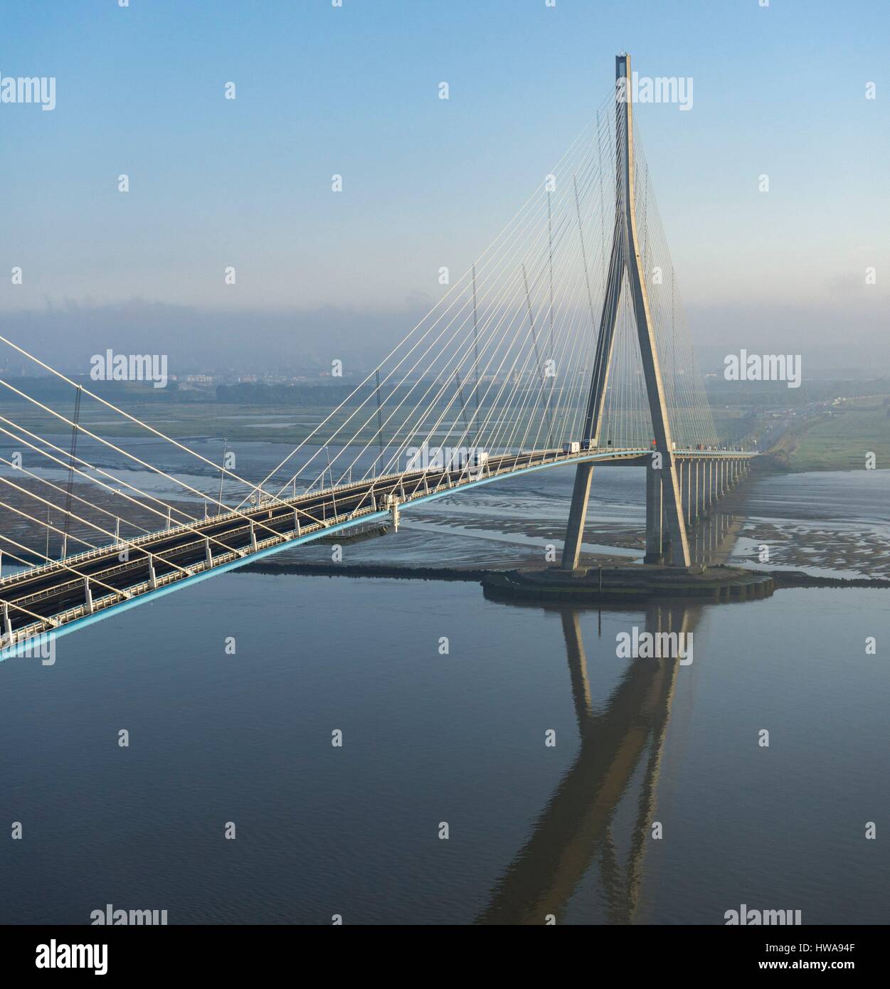 France, Calvados, Seine-Maritime, the Pont de Normandie spans the Seine ...