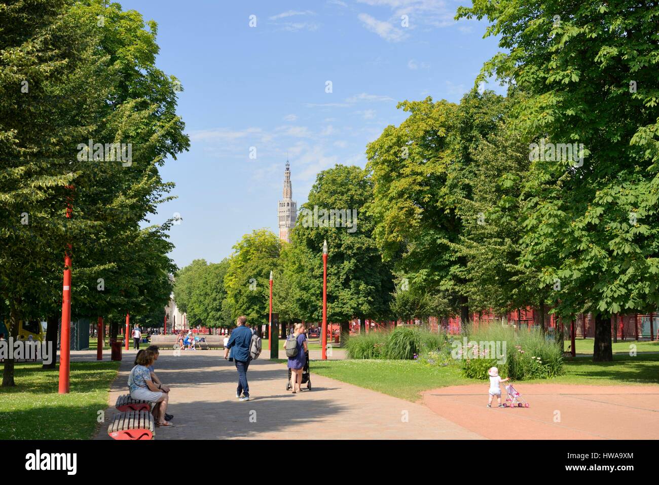 France, North, Lille, Jean Baptiste Lebas park dominated by the Belfry ...