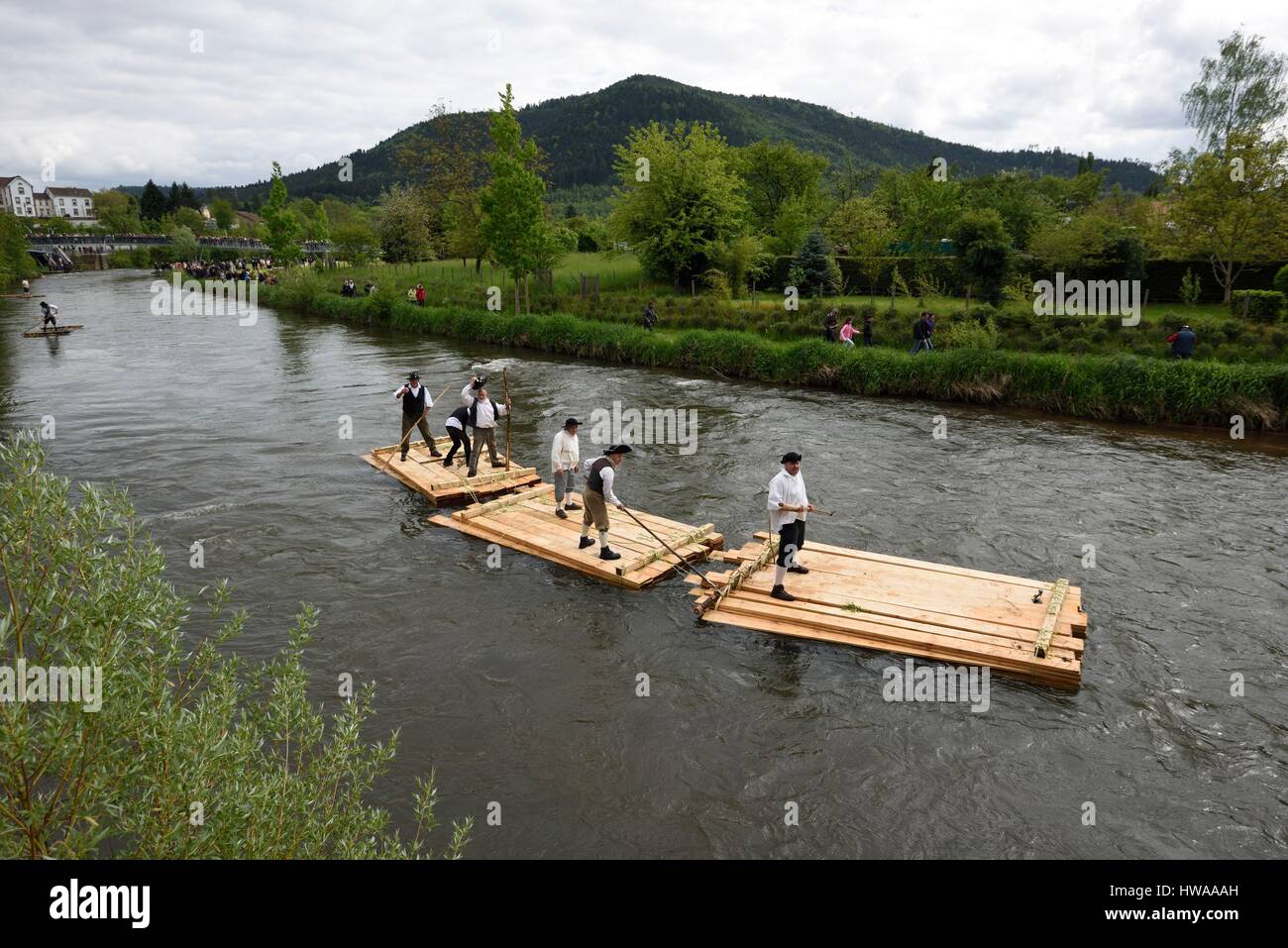 France, Vosges, Raon l'Etape, the Oualous party, timber floating on the ...