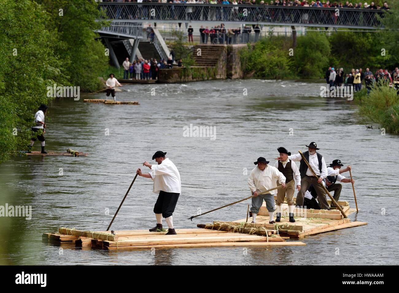 France, Vosges, Raon l'Etape, the Oualous party, timber floating on the ...
