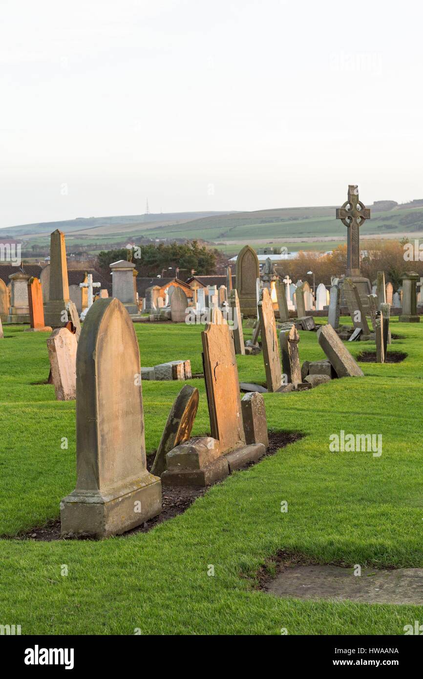 United Kingdom, Scotland, East Lothian, graves and celtic crosses in ...
