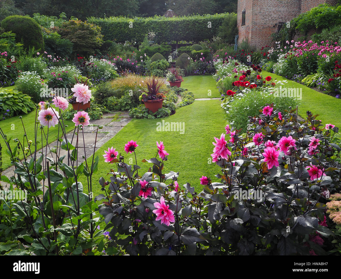 Chenies Manor garden, Buckinghamshire. The sunken garden dahlia display ...