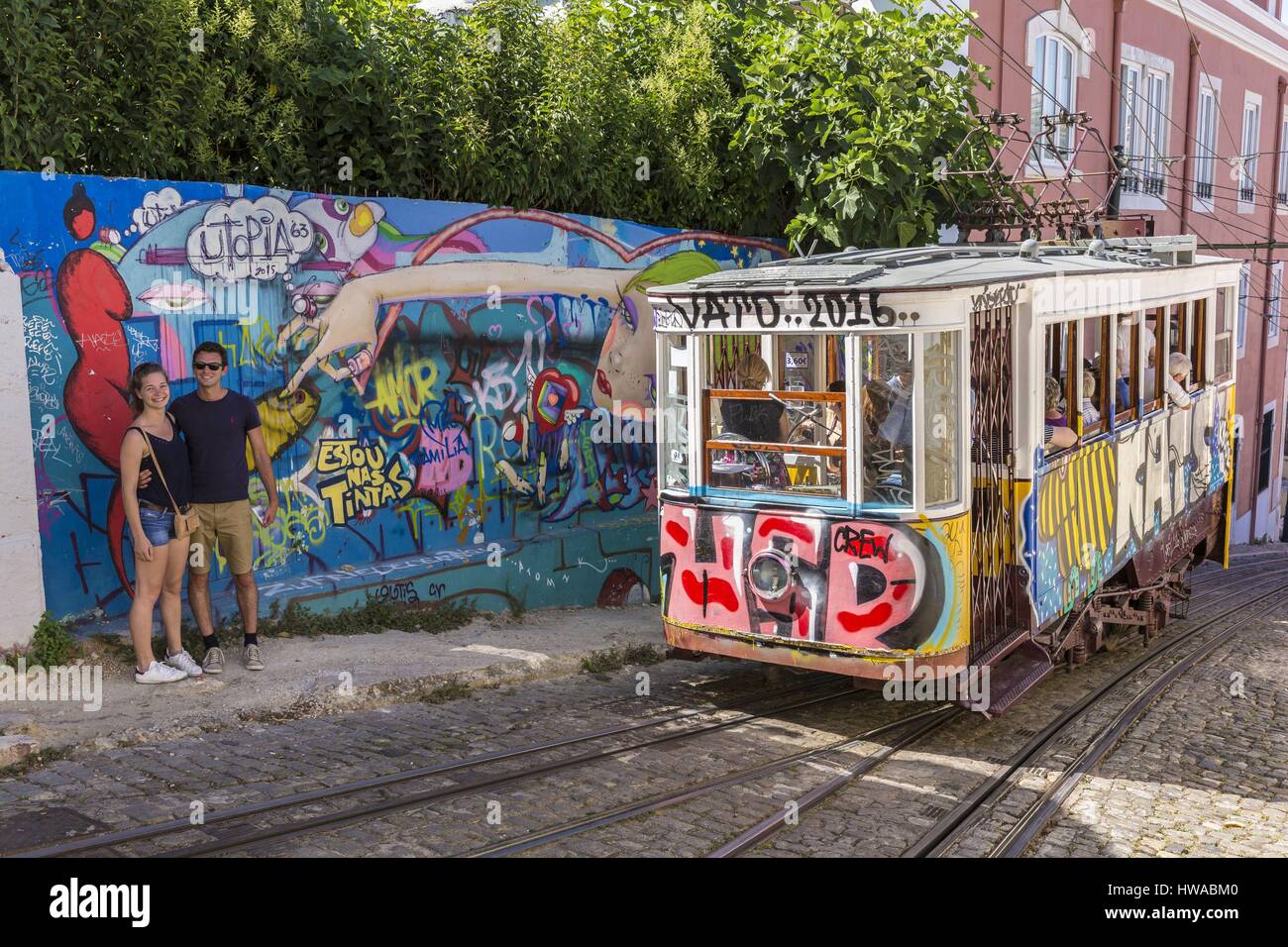 Portugal, Lisbon, funicular of Gloria which connect the district Baixa ...