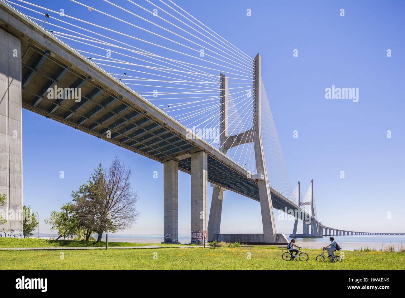 Portugal, Lisbon, Vasco da Gama viaduct over the Tagus river built for ...