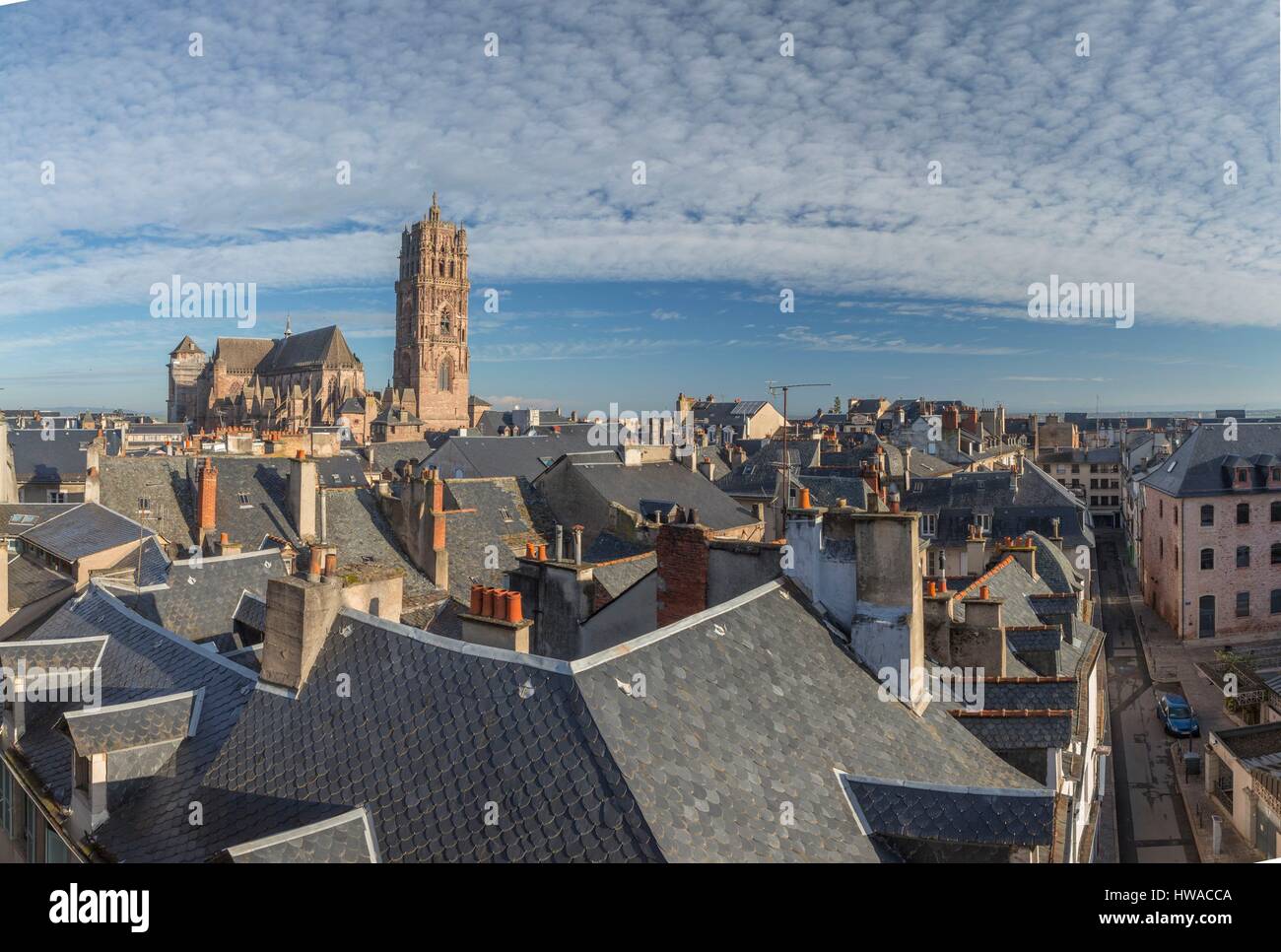 France, Aveyron, Rodez, roofs of the town and Notre Dame cathedral ...