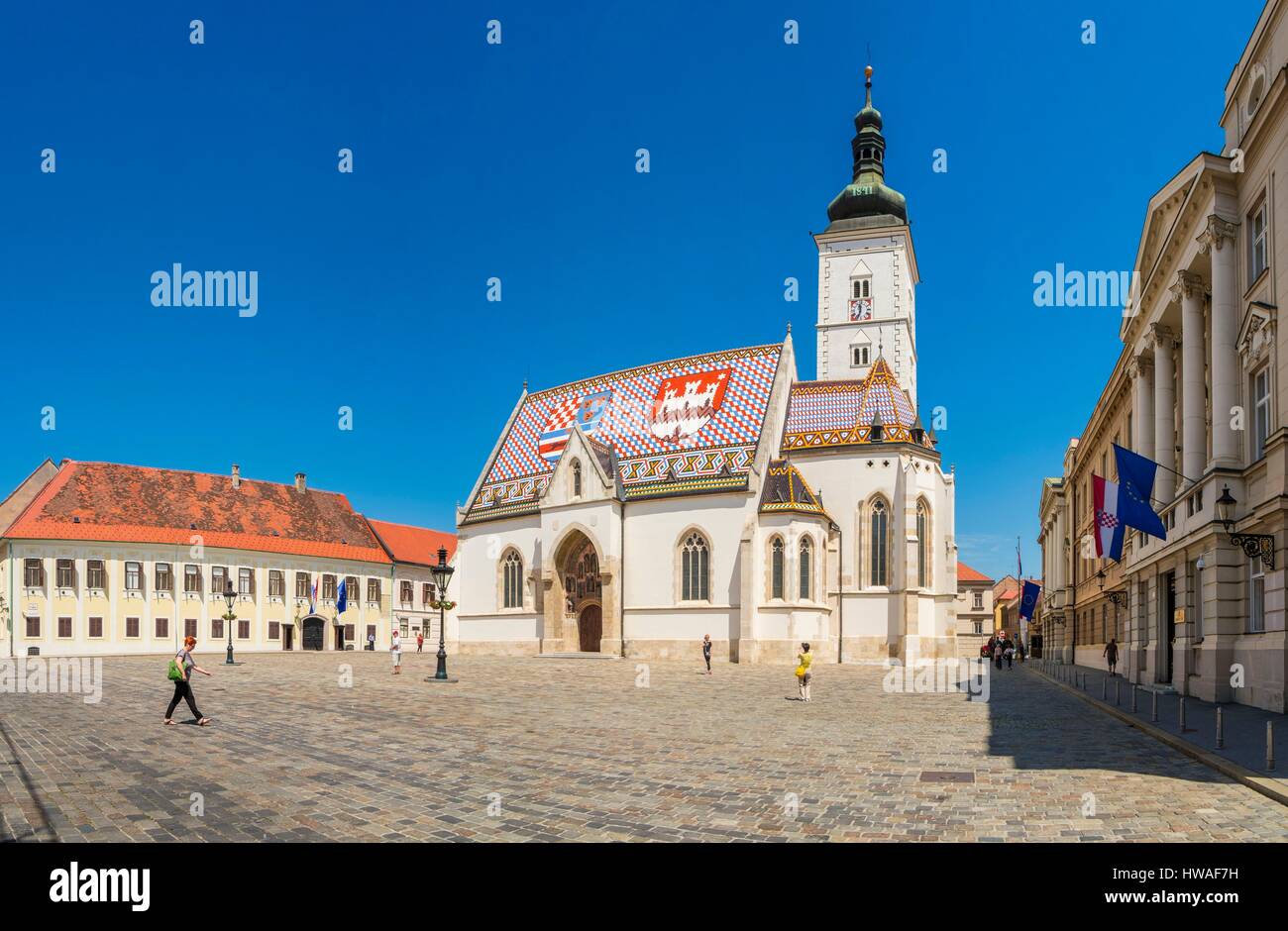 Croatia, Zagreb, old town district Gradec, upper town Place Marka, Church of St. Marc from the ...