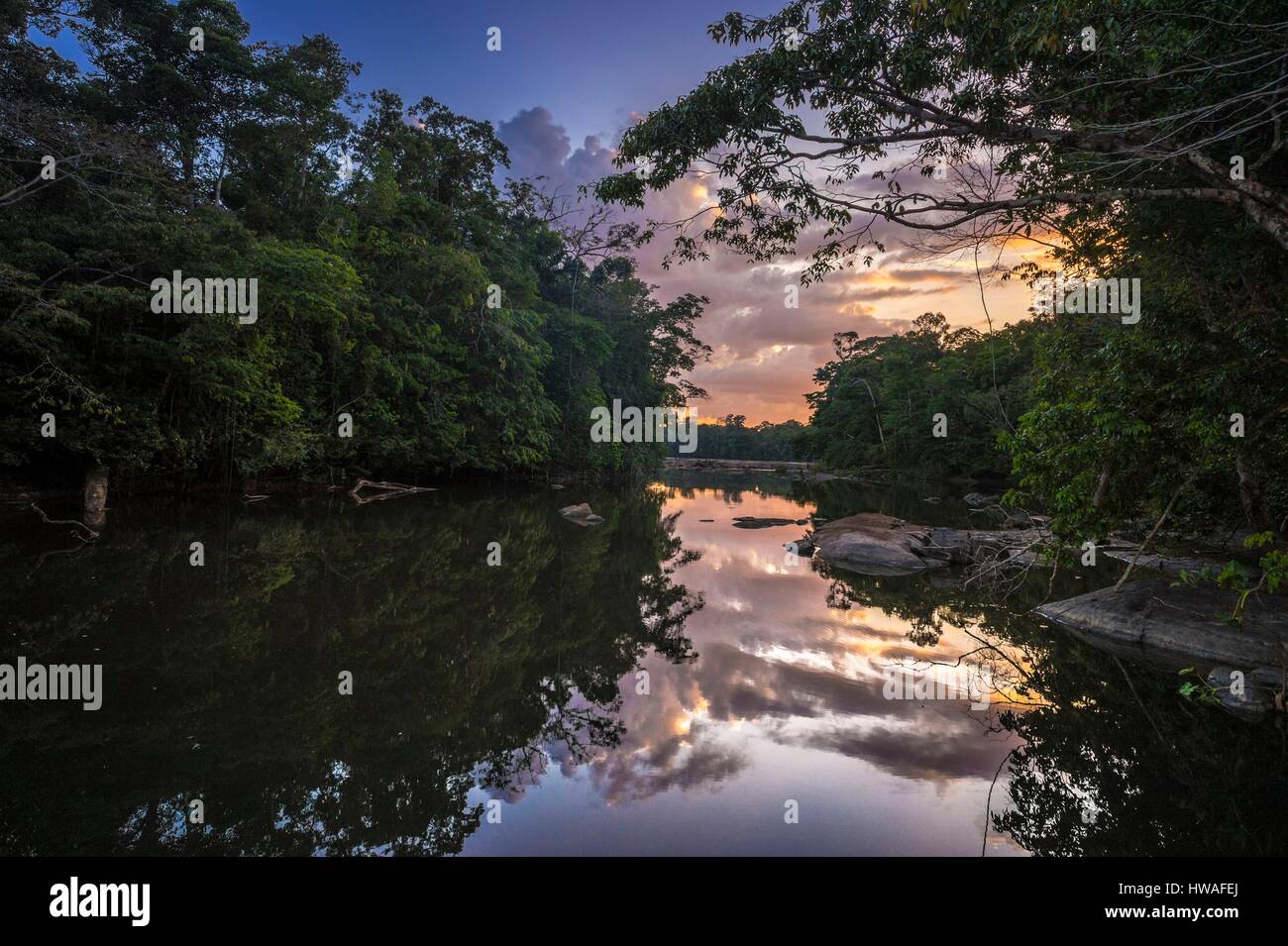 France, Guiana, Guiana Amazonian Park, Camopi, Sunset on the Camopi ...