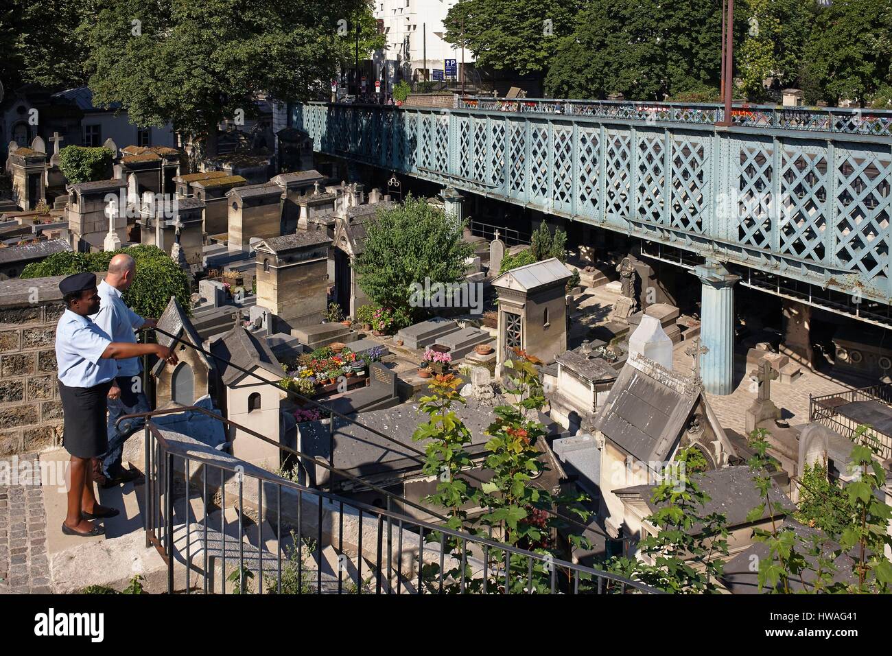France, Paris, Montmartre Cemetery spanned by the metal bridge of ...
