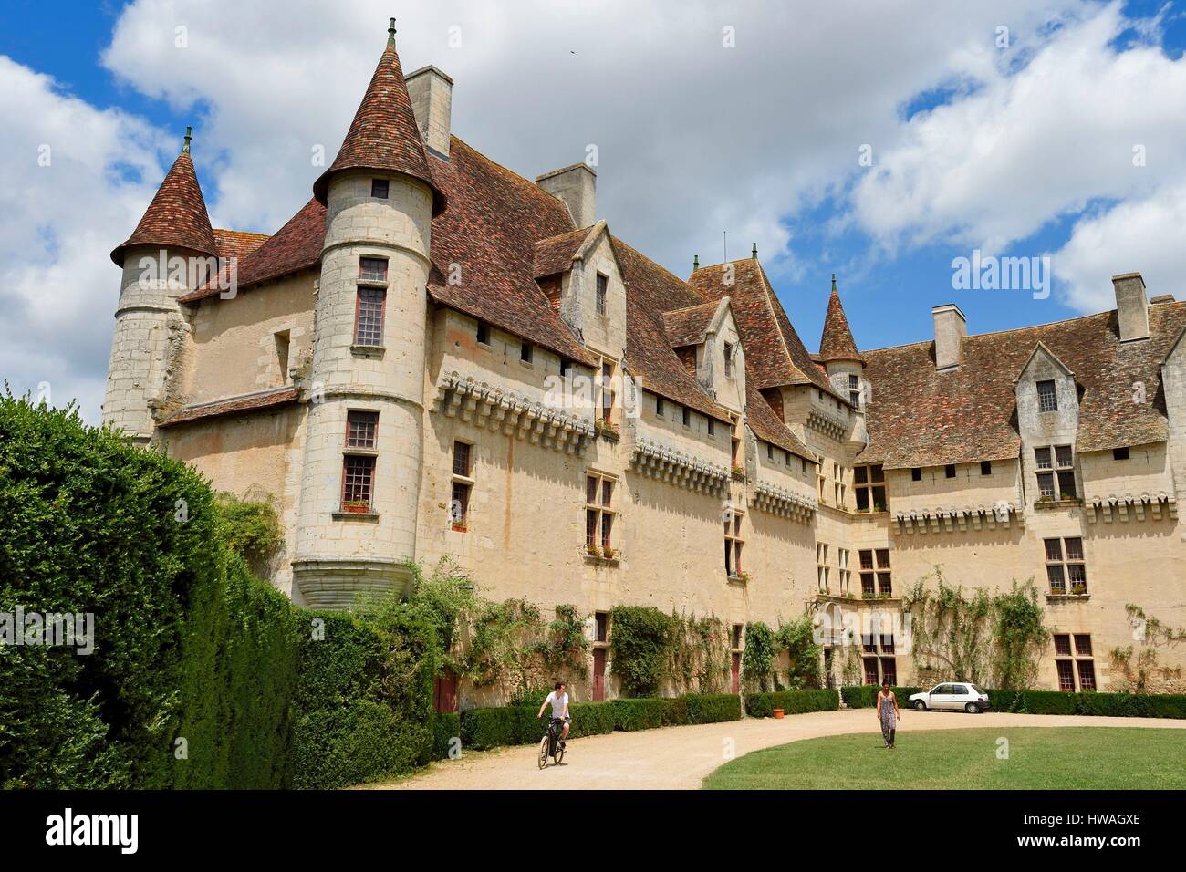 France, Dordogne, Perigord Blanc, Neuvic, Neuvic castle along the river ...