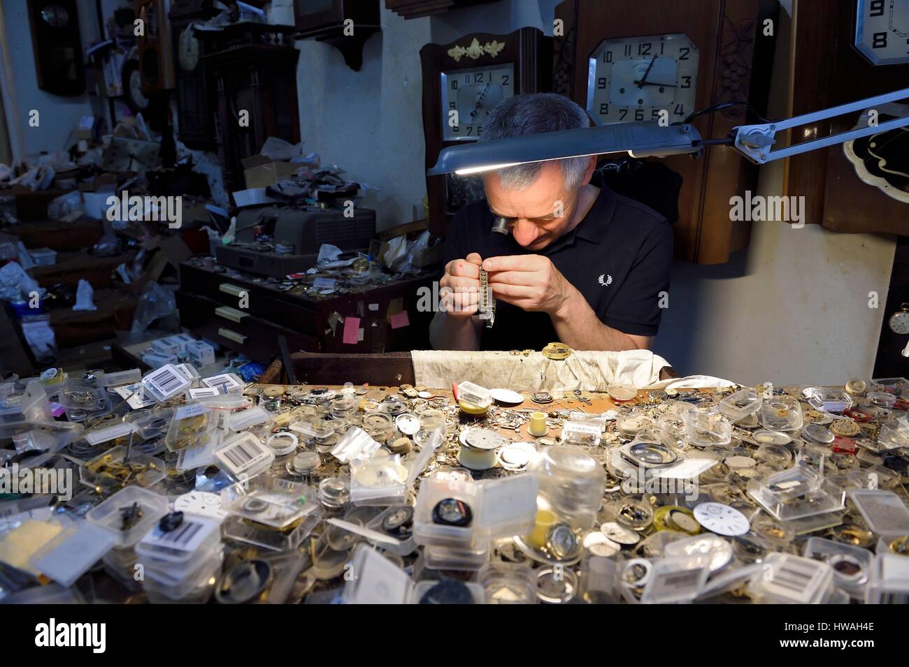 France, Dordogne, White Perigord, Perigueux, watchmaker Vincent Perez ...