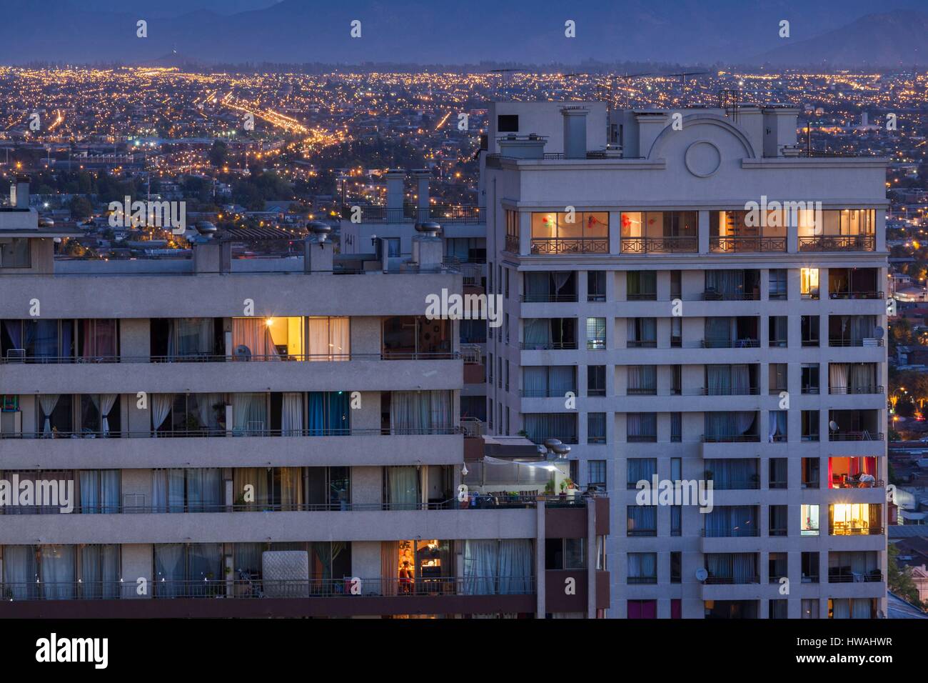 Chile, Santiago, elevated city view, dusk Stock Photo - Alamy