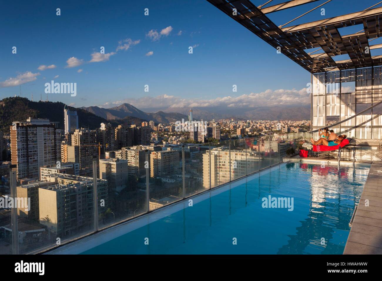 Chile, Santiago, elevated city view towards the Gran Torre Santiago ...