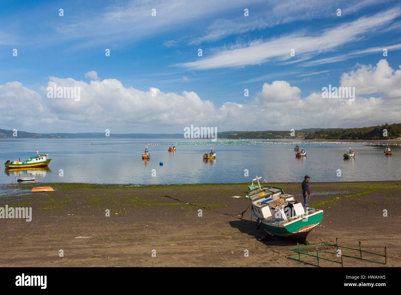 Chile, Chiloe Island, Queilen, town harbor Stock Photo - Alamy