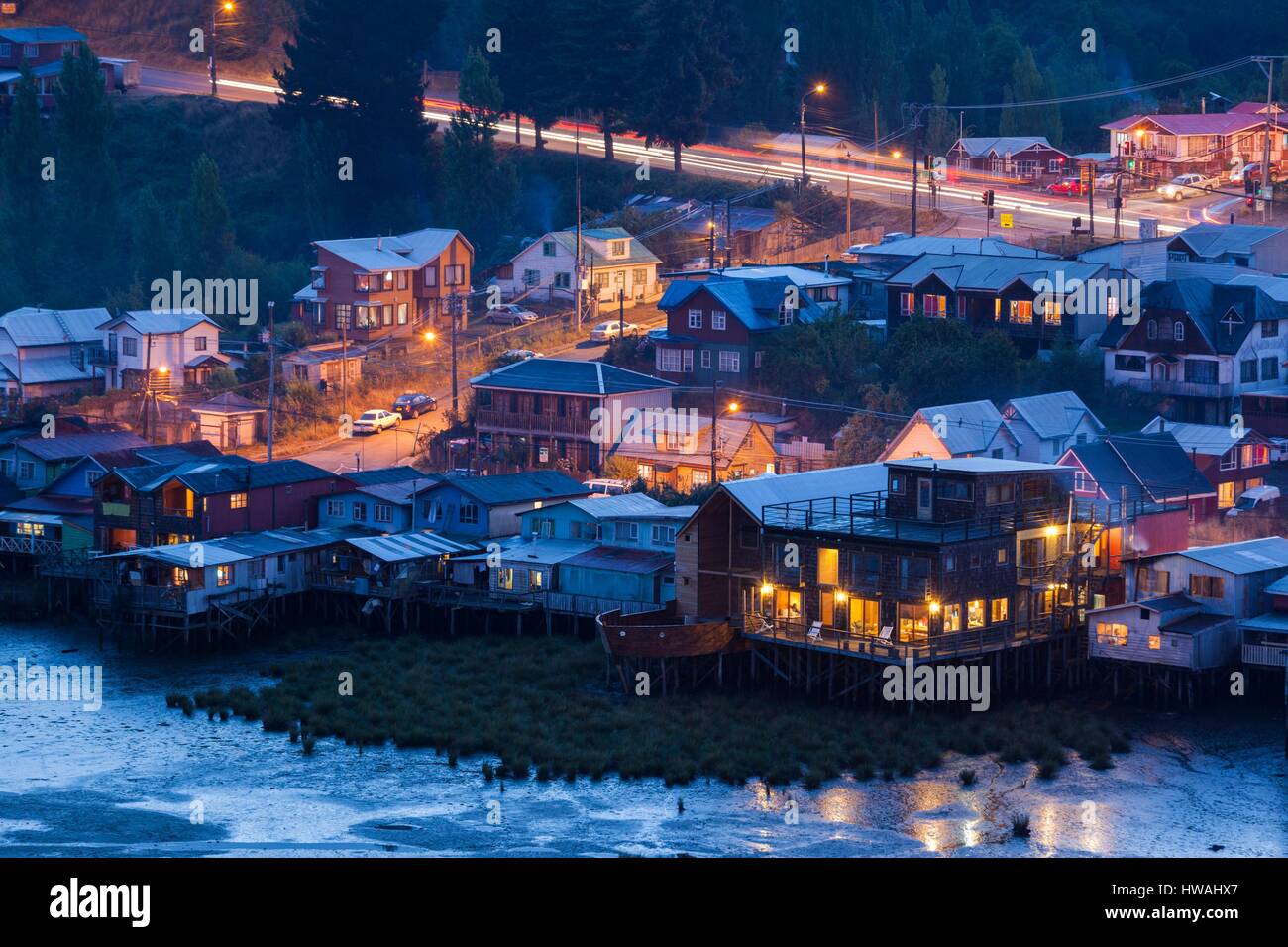 Chile, Chiloe Island, Castro, palafito stilt houses, elevated view ...