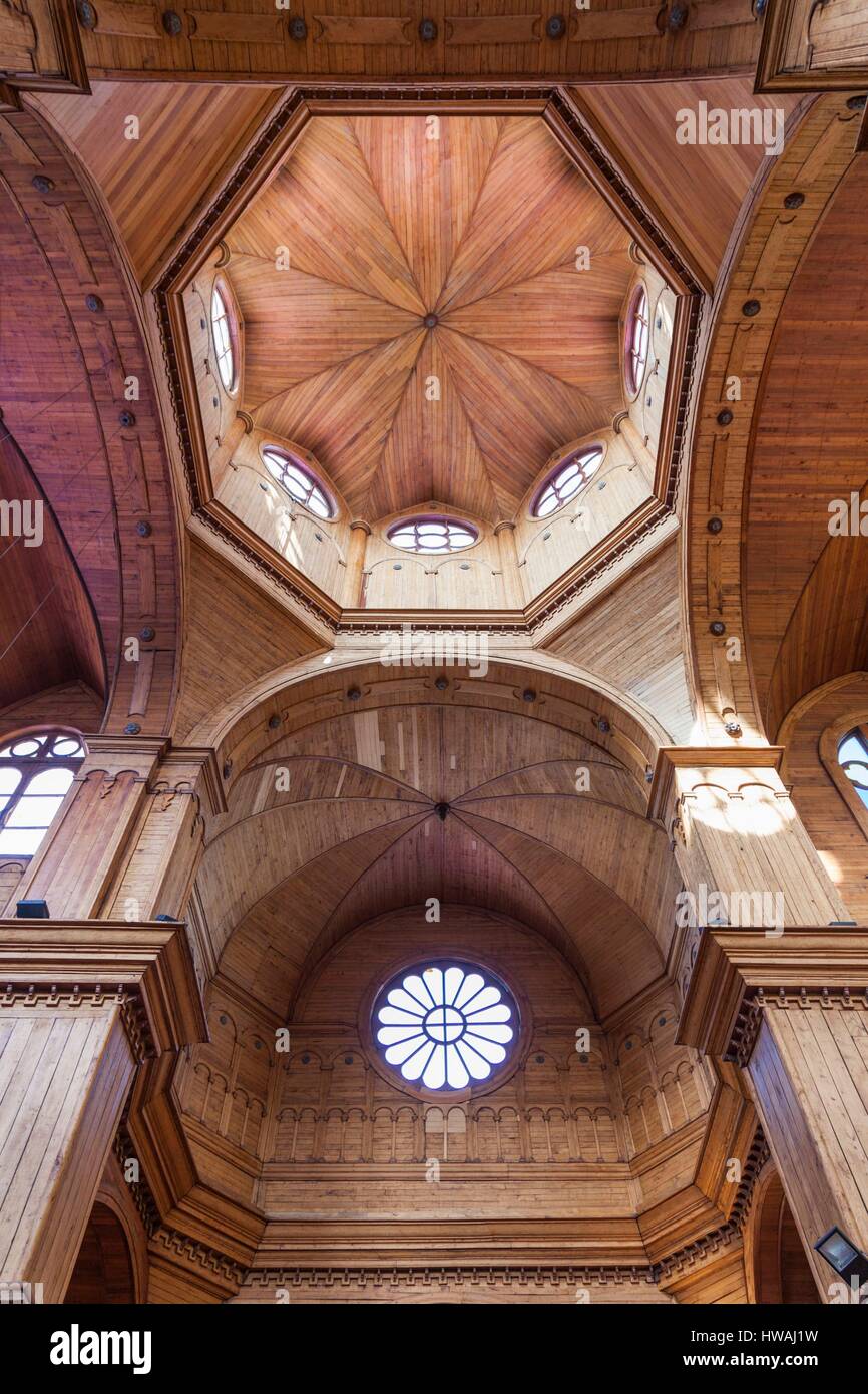 Chile, Chiloe Island, Castro, Iglesia de San Francisco church, interior ...