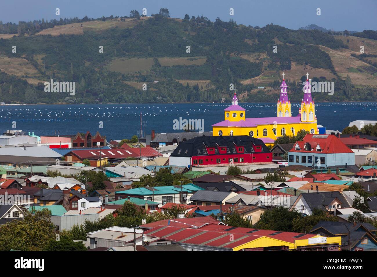Chile, Chiloe Island, Castro, Iglesia de San Francisco church, elevated ...