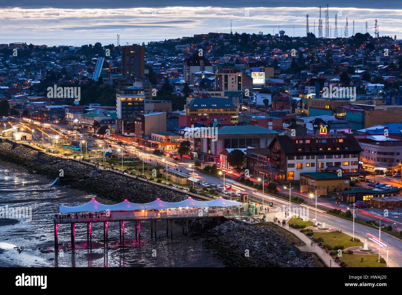 Chile, Los Lagos Region, Puerto Montt, waterfront, elevated view, dusk ...