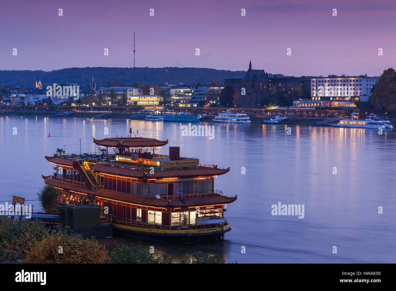 Germany, Nordrhein-Westfalen, Bonn, Rhein River and floating Chinese ...