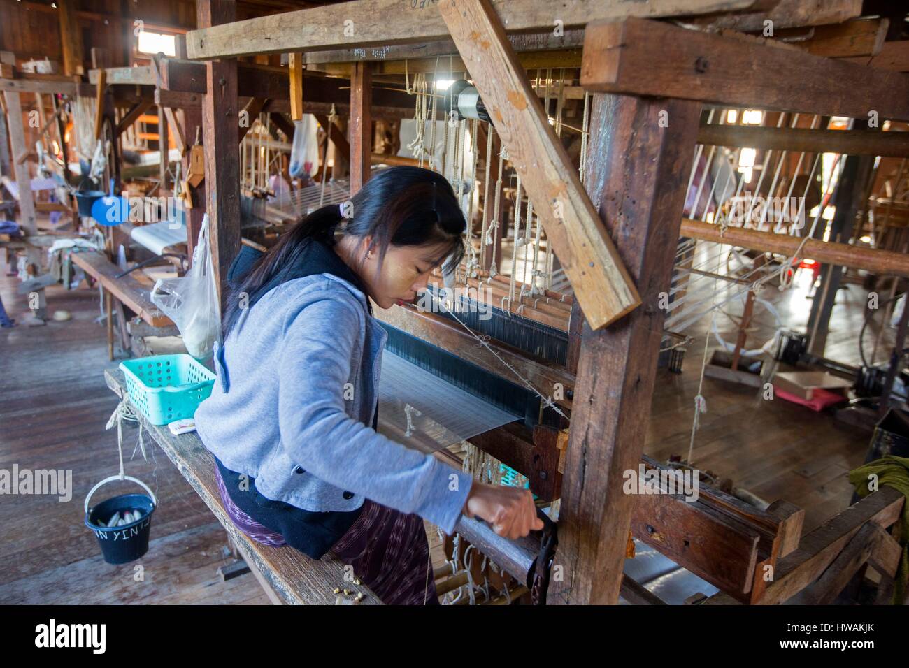 Myanmar, Shan State, Inle lake, Sagar village, Lotus fiber weaving ...