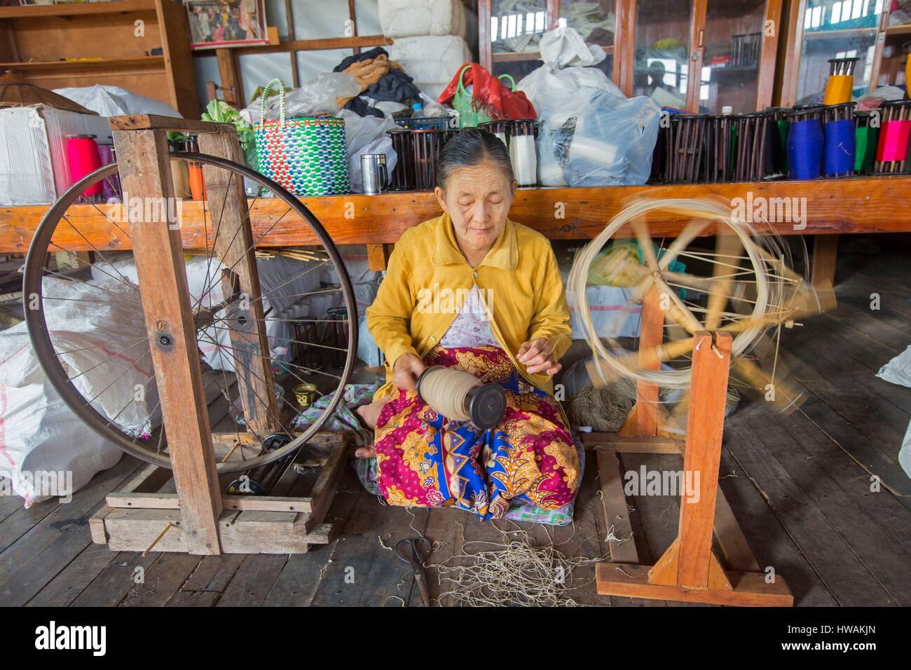 Myanmar, Shan State, Inle lake, Sagar village, Lotus fiber weaving ...