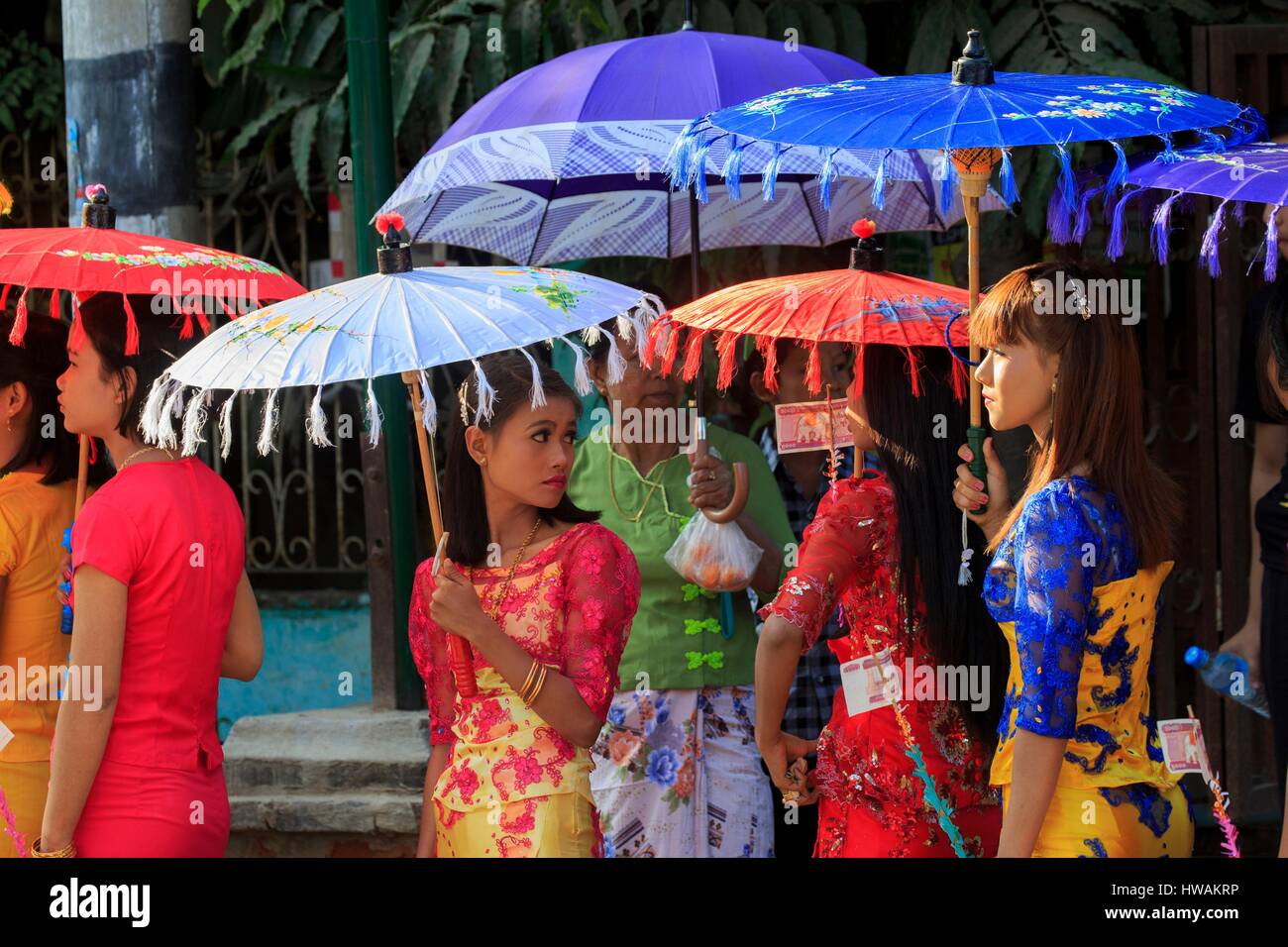 Myanmar, Mandalay State, Bagan, pilgrims in the procession to go to the ...
